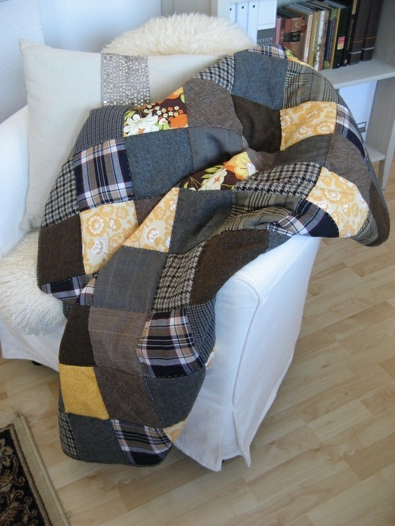 Patchwork "Tweed meets Retro" -håndquiltet lappeteppe - Epla