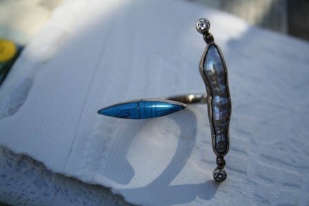 Unik Sølvring med turkis, perlemor og steiner. Vintage - Epla