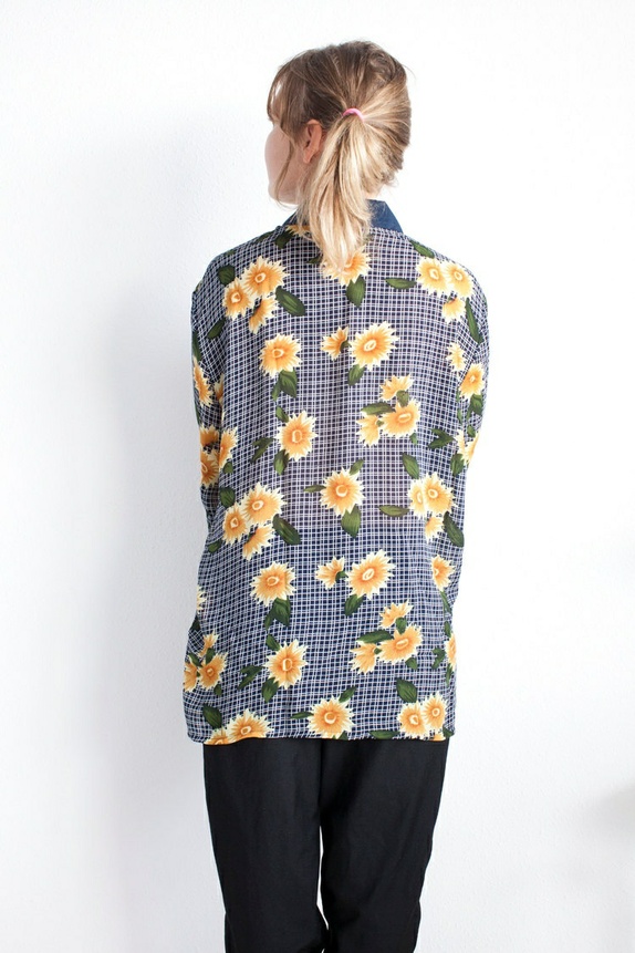 90-talls solsikke bluse, søt blå skjorte med lange ermer - Epla