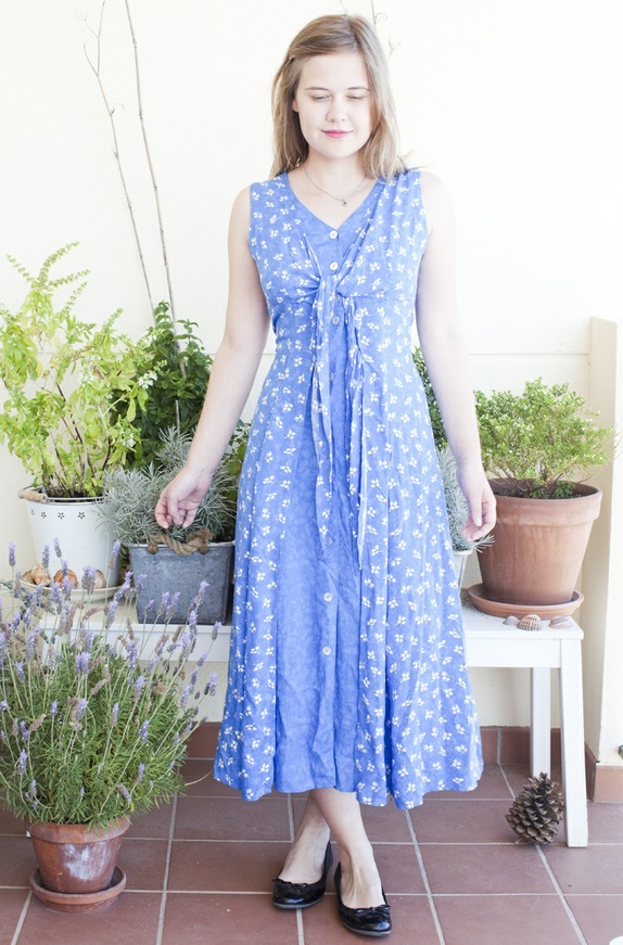 50% aprilSALG Vintage blå sommerkjole, 90-talls lang kjole - Epla