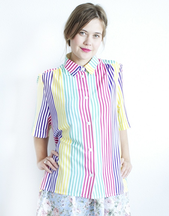 50% aprilSALG 80-talls stripete skjorte, regnbuefarget, fargerike, regnbue, striper bluse - Epla