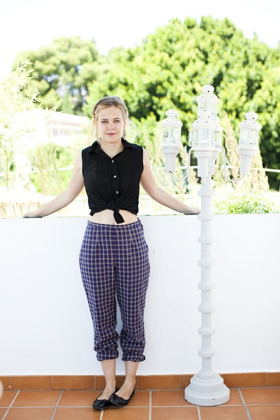 Vintage rutete bukser, lilla og hvite ruter, baggy, 80-tallet High Waist - Epla