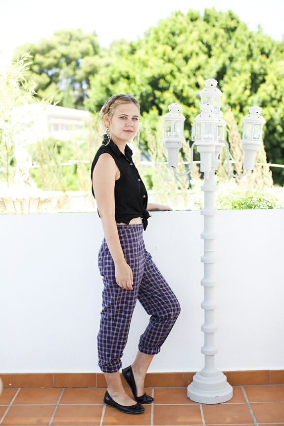 Vintage rutete bukser, lilla og hvite ruter, baggy, 80-tallet High Waist - Epla