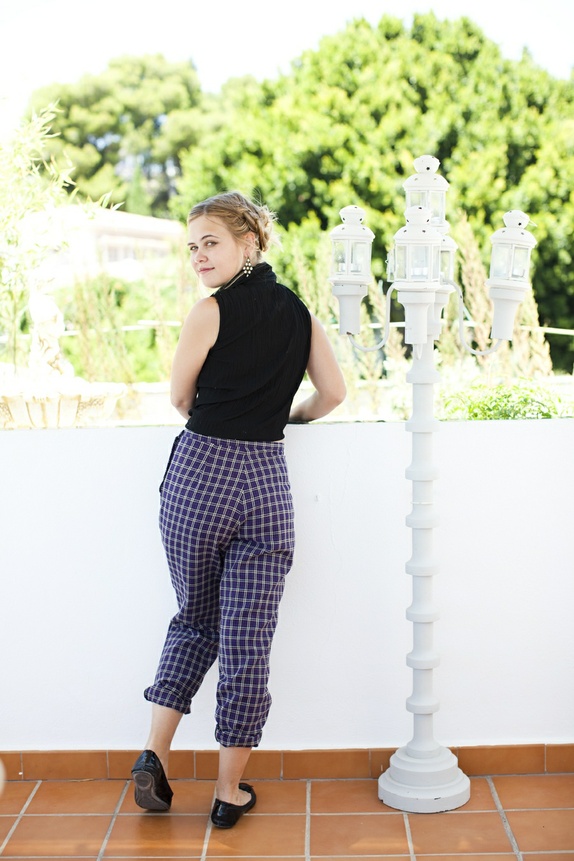 Vintage rutete bukser, lilla og hvite ruter, baggy, 80-tallet High Waist - Epla