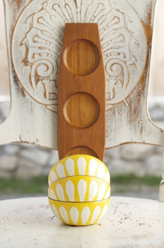 Rare Cathrineholm 10 cm Yellow Bowls with Teak Tray - Epla