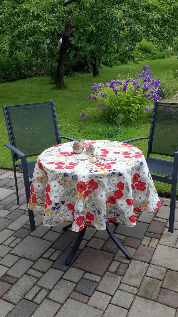Rund Lin Duk Bordduk Burlap Bordduk Prewashed Gray Daisies Vallmuer ...