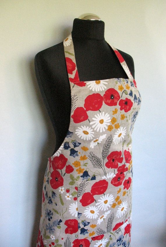 Lin Kjøkken Forkle Hagearbeid Forkle Lærer Forkle Naturgrå blomst blomster Rød Valmue Svart - Epla