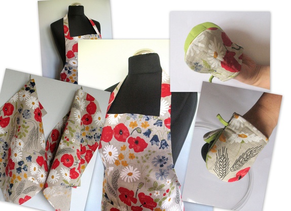 Lin Kjøkken Forkle Hagearbeid Forkle Lærer Forkle Naturgrå blomst blomster Rød Valmue Svart - Epla