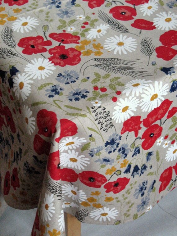 Firkantet lin duk bordduk prewashed grå daisies valmuer blomster 145 x 145 cm - Epla