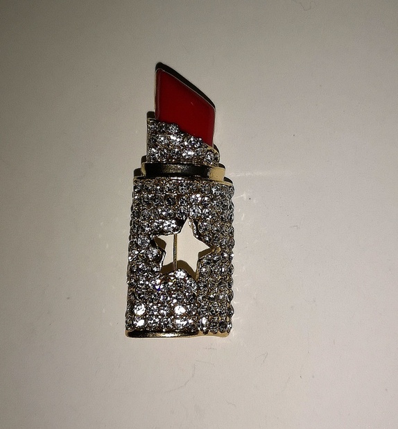 Rød Leppestift Gullfarget Brosje / Nål "diamanter " Rhinestone. - Epla
