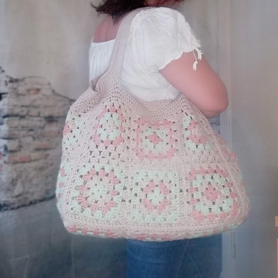 Heklet Tote veske - Granny Square bag - Sand - Epla