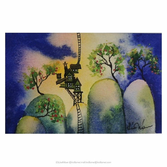 Akvarell - original Eremitt - raring i blått hus - Epla