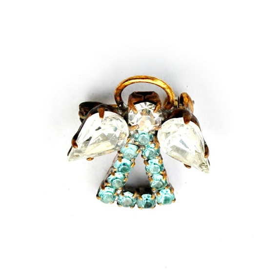 Liten turkis engel, gammel glitrende brosje - Epla