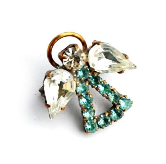 Liten turkis engel, gammel glitrende brosje - Epla