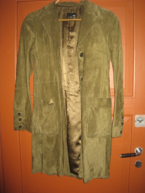 Mosegrønn, knekort, semsket skinnfrakk, str 38 - Epla