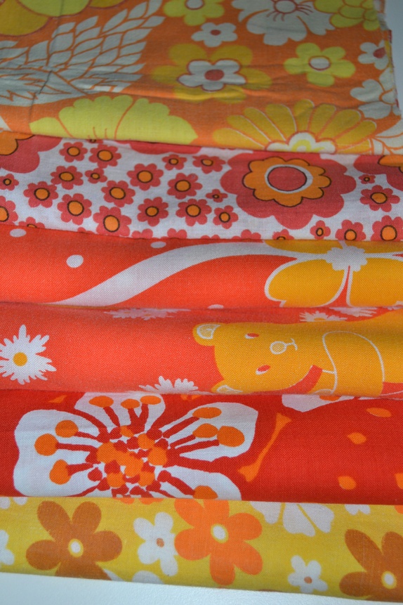 Stoffpakke til babytepper gul oransje rod retro stoff - Epla