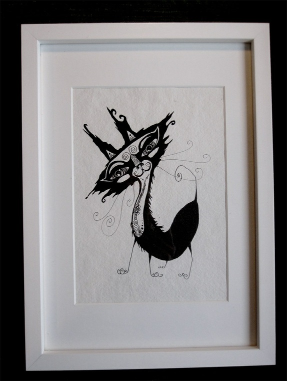 Katt - innrammet trykk på håndlaget resirkulert bomullspapir! - Epla