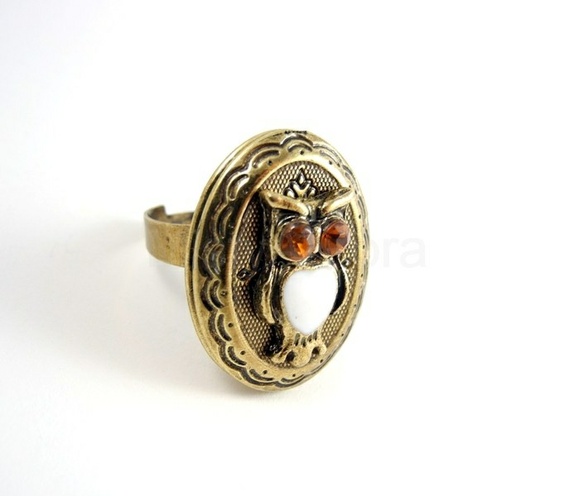 Antiqued Bronze Owl Locket Ring Adjustable White with orange gem eyes - Epla