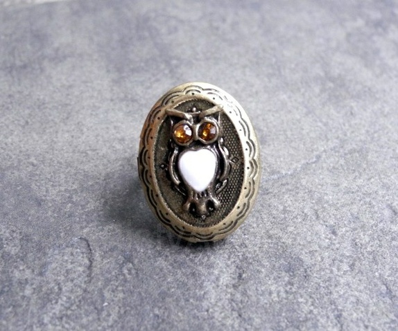 Antiqued Bronze Owl Locket Ring Adjustable White with orange gem eyes - Epla