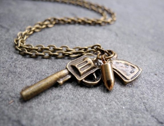 Pistol and Bullet Necklace Bronze Chain - Gun War Peace Wild West ...