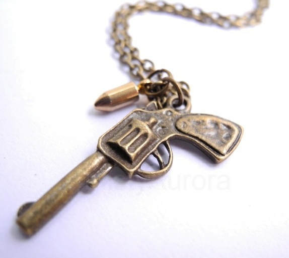 Pistol and Bullet Necklace Bronze Chain - Gun War Peace Wild West ...
