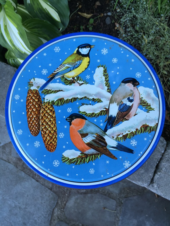 Stor, gammel kakeboks med fugler - Epla