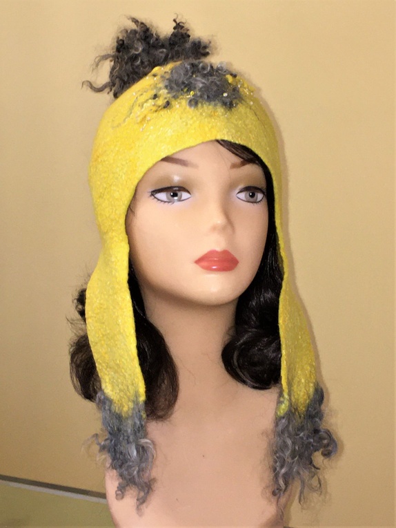 Ull lue med hansker Tie gul grå Tovet Lue Dame - Epla