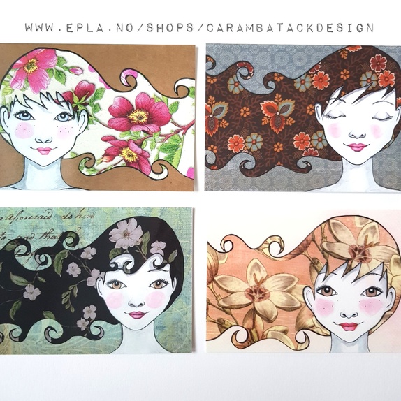 Sett med 4 Postkort - Blomsterjenter - Epla