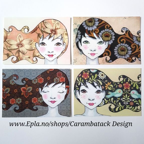 Sett med 4 Postkort - jenter - Epla