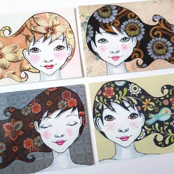 Sett med 4 Postkort - jenter - Epla