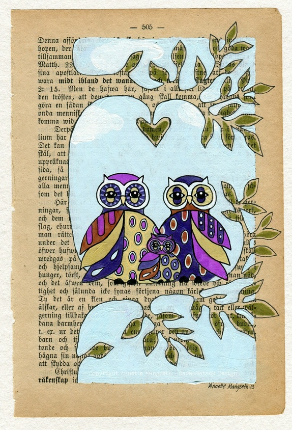 Tre med ugler - Original illustrasjon. - Epla