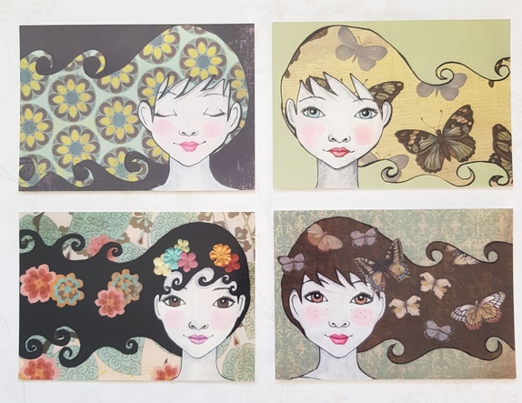 Sett med 4 Postkort - jenter - Epla