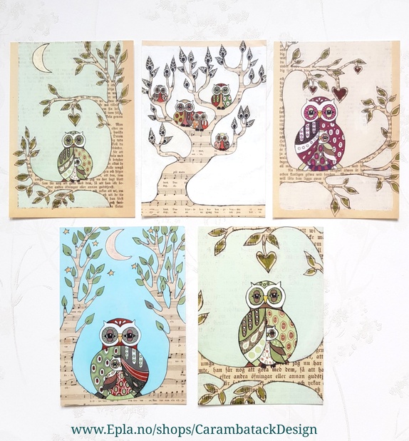 Sett med 5 Postkort - Ugler - Epla