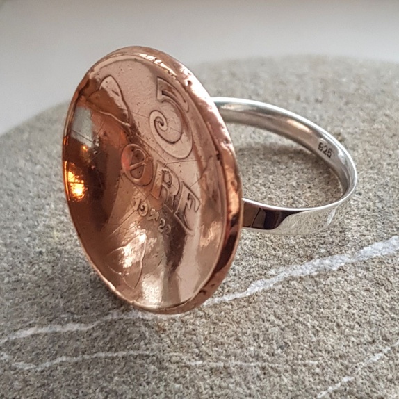 Tøff ring med gamle norske 5 øring fra 1930. Str 9 (60) - Epla